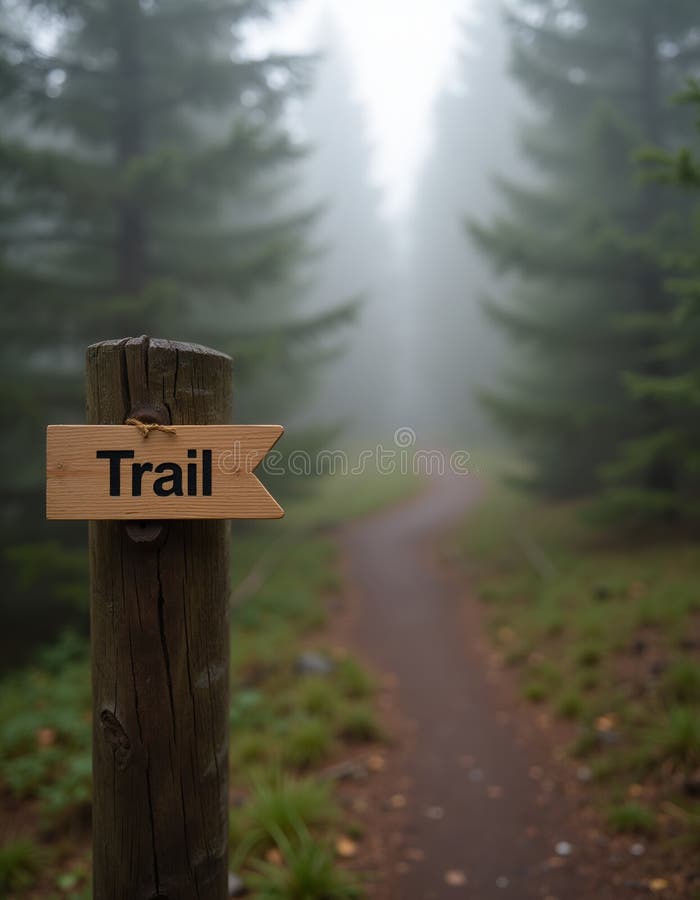 Wooden Trail Sign with Misty Forest Path Stock Illustration ...