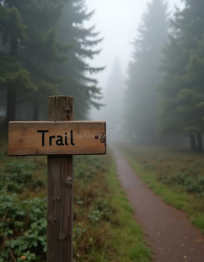 Wooden Trail Sign with Misty Forest Path Stock Illustration ...