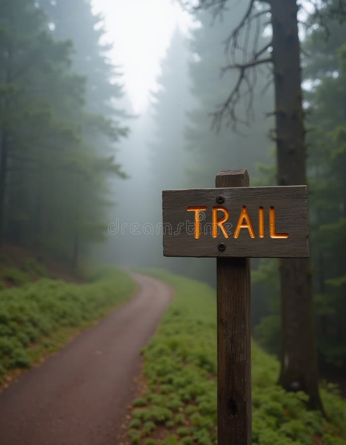 Wooden Trail Sign with Misty Forest Path Stock Illustration ...