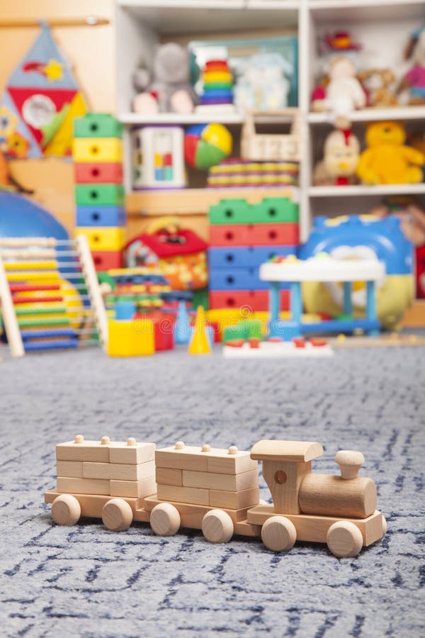 Wooden Train in the Play Room Stock Image - Image of shelf, baby: 60000209