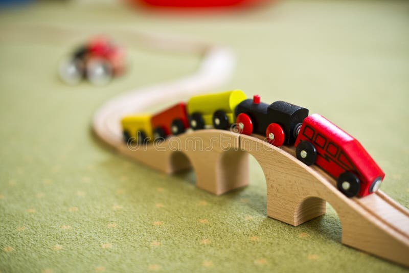 Wooden Train Toy on a Bridge Stock Photo - Image of yellow, bridge ...