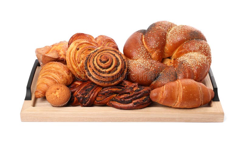 Wooden Tray with Different Pastries Isolated on White Stock Image ...