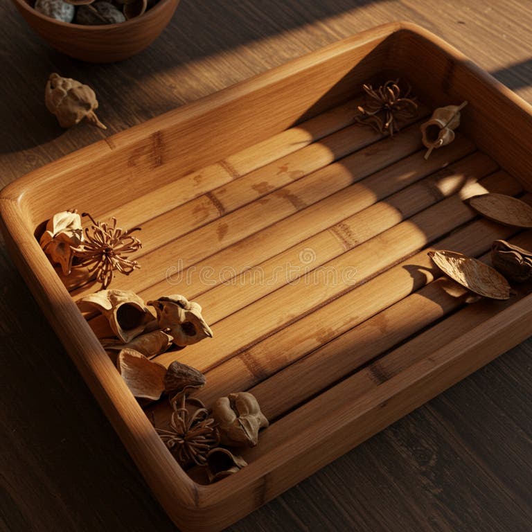 Wooden Tray Features Dried Botanicals on Its Surface. the Tray is Rectangular with a Stock ...
