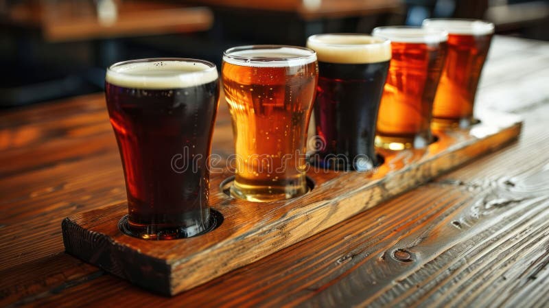 A Wooden Tray with Five Different Types of Beer on it Stock ...