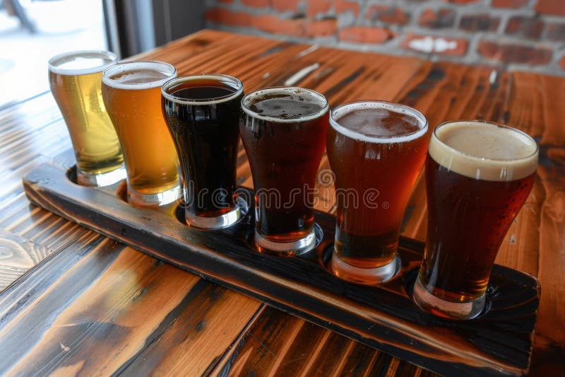 A Flight of Beers on a Rustic Table Stock Illustration - Illustration ...