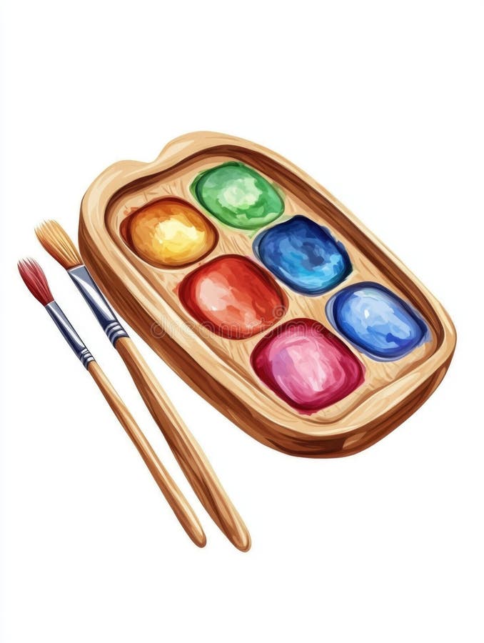 Wooden Tray with Six Different Colored Paint Balls and Two Paintbrushes ...