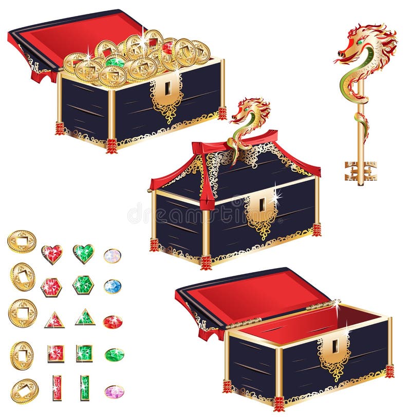 Wooden treasure chest set stock vector. Illustration of crystal - 90311956