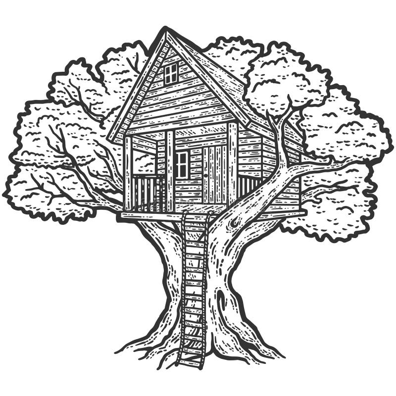 Wooden Tree House. Sketch Scratch Board Imitation Stock Vector ... Wooden Tree House. Sketch Scratch Board Imitation Stock Vector ...