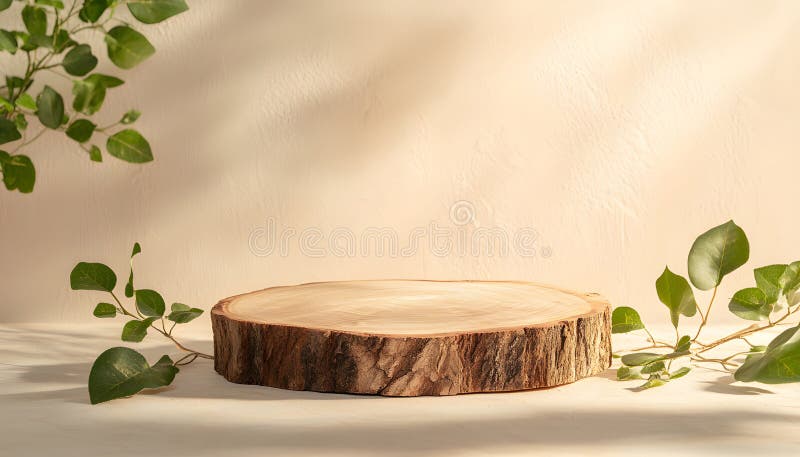 Wooden Tree Slice Surrounded by Green Leaves on a Textured Background ...