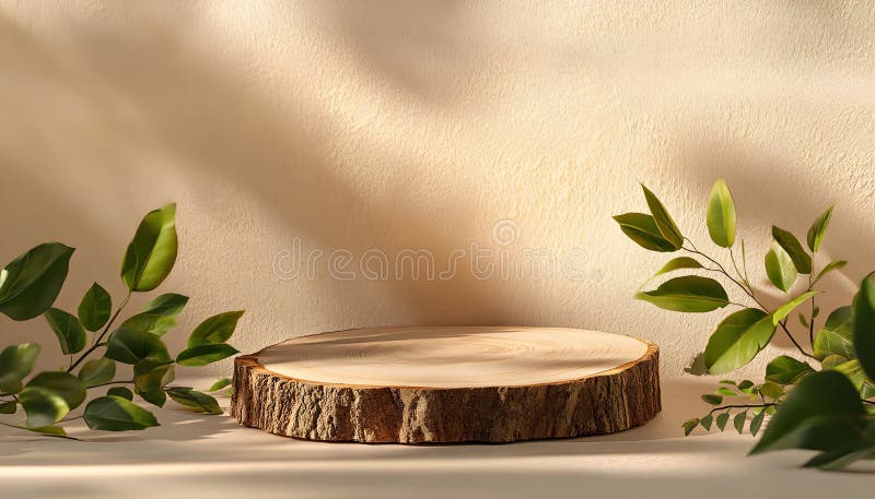 Wooden Tree Slice Surrounded by Green Leaves on a Textured Background ...