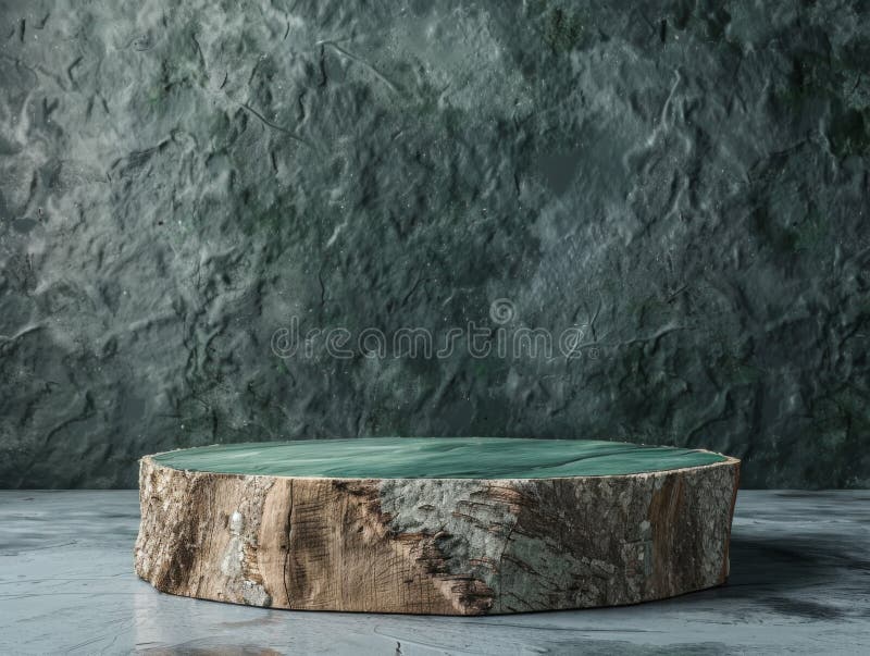 Wooden Tree Stump Platform Against a Green Wall Stock Illustration ...