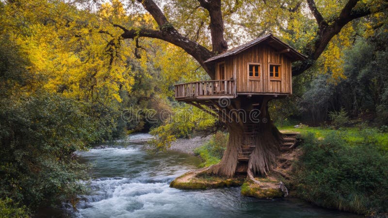 A Wooden Treehouse Built into a Large Tree Overlooking a River Stock ...
