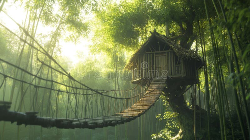 A Wooden Treehouse Connected by a Rope Bridge in a Bamboo Forest Stock ...