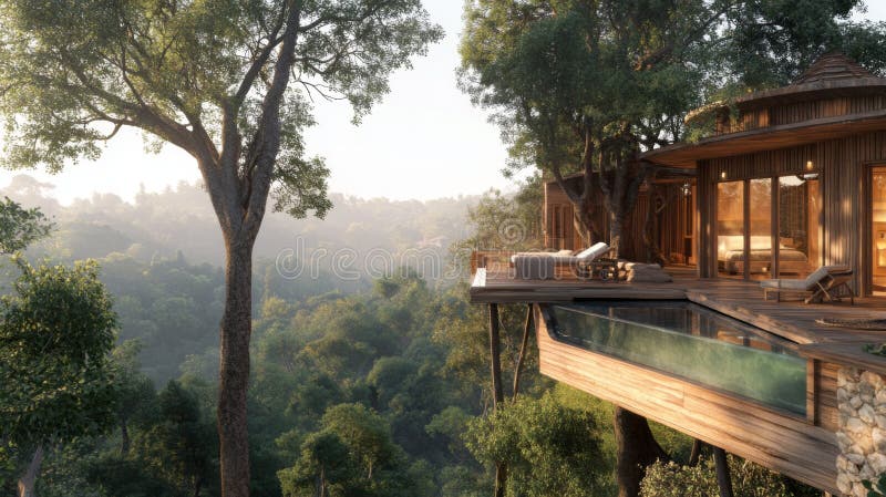 Wooden Treehouse with Infinity Pool Overlooking a Lush Forest Stock ...