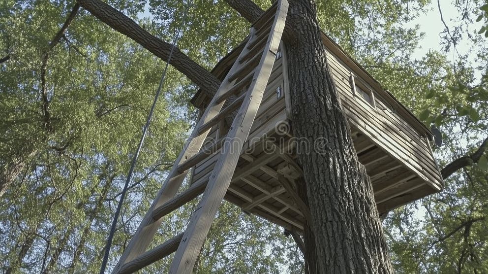 Wooden Treehouse Nestled among Tall Trees, Supported by a Sturdy Trunk ...