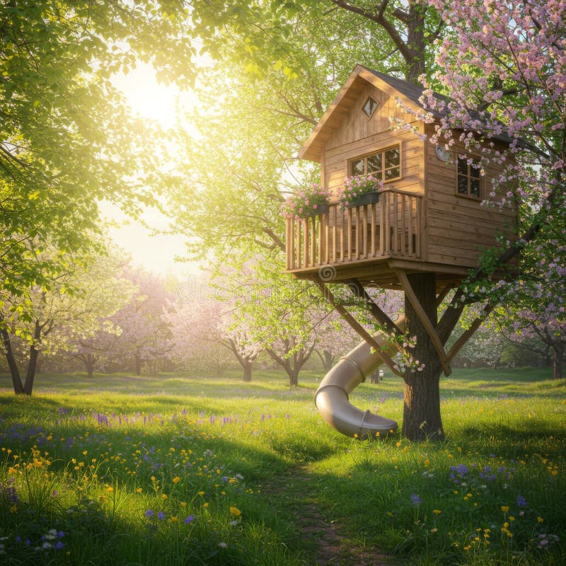 Wooden Treehouse with Slide in a Blooming Orchard Stock Illustration ...