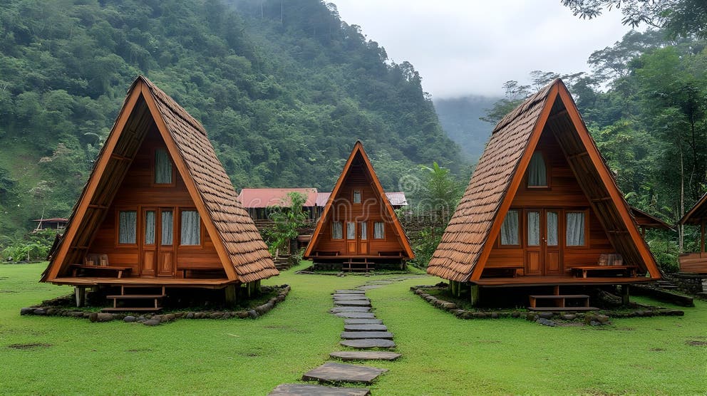 Wooden Triangle Cabins in Tropical Forest Stock Illustration ...