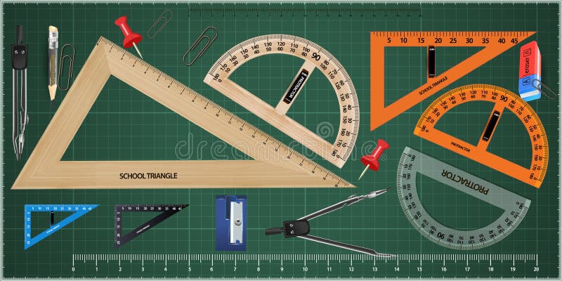 Wooden Triangle and Ruler, Isolated on Green. Set of Measuring Tools ...