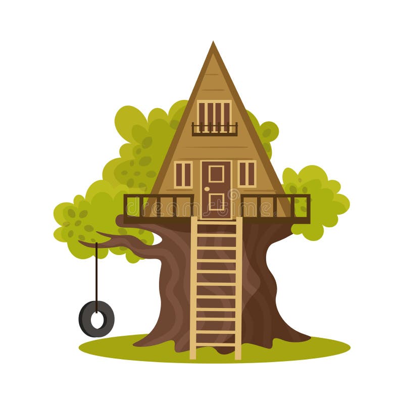 Wooden Triangular House on Green Blooming Tree Vector Illustration ...