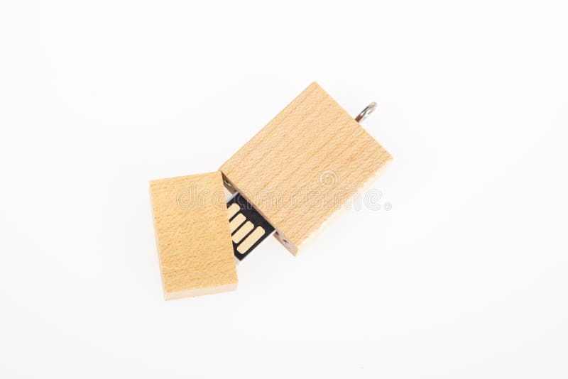 Wooden USB Flash Small Memory Drive for Computer on White Background ...