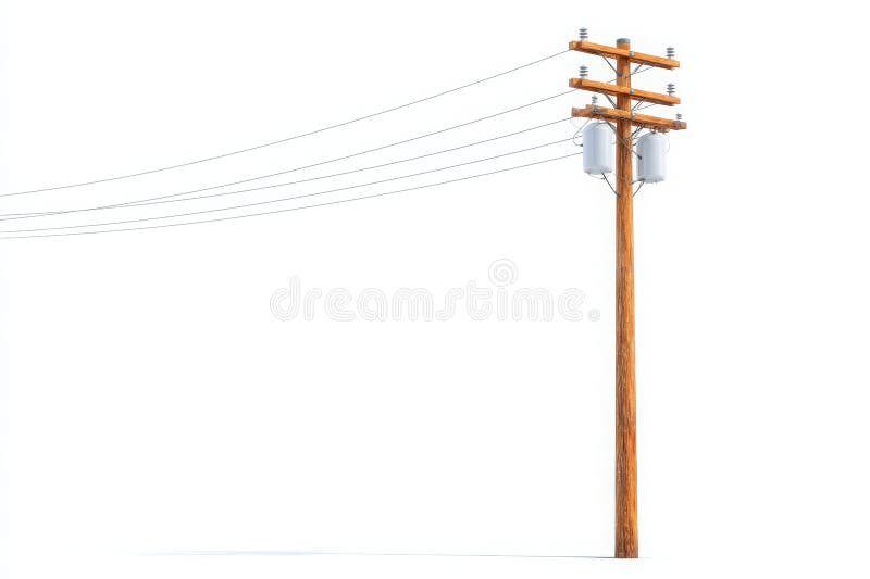 Wooden Utility Pole with Transformers and Power Lines Against a White ...