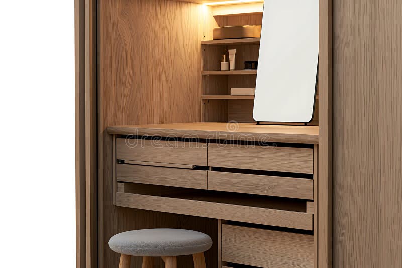 A Wooden Vanity with a Mirror and a Stool Stock Image - Image of room ...