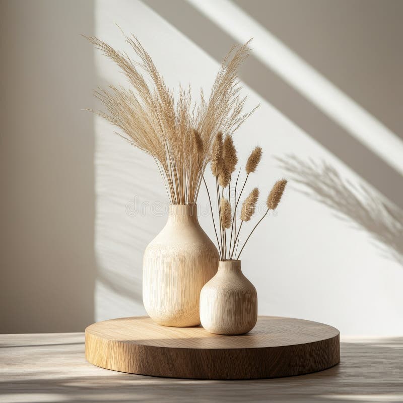 Wooden Vase with Dry Pampas Grass on Wooden Table Stock Illustration ...