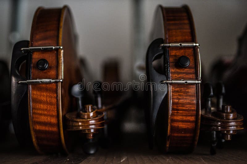 Two Violin Strings are Arranged Next To Each Other on a Wooden Table ...