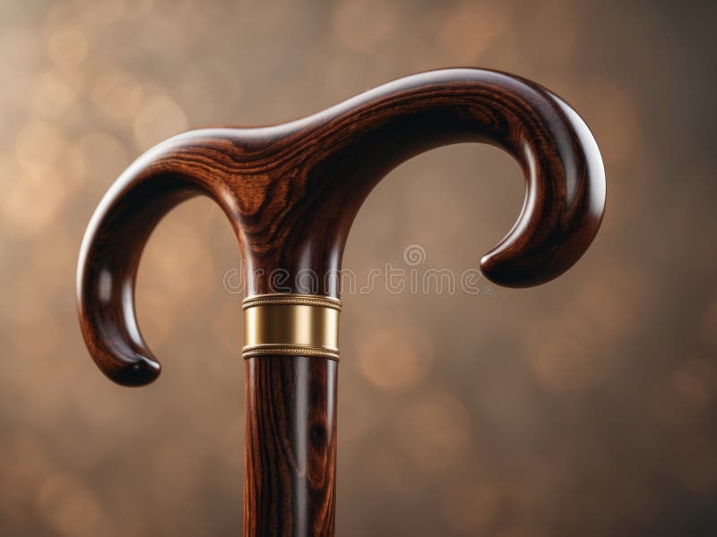 Wooden Walking Cane with Curved Handle and Metallic Band. Stock Photo ...