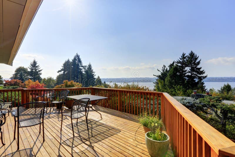 Lake View Backyard With Deck And Spring Landscape. Stock Image - Image ...