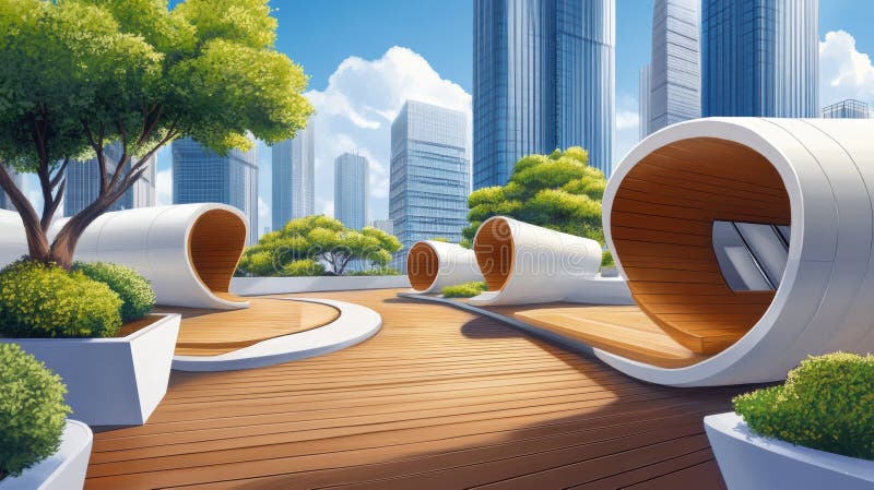 A Wooden Walkway with Benches and Trees in the Background, AI Stock ...