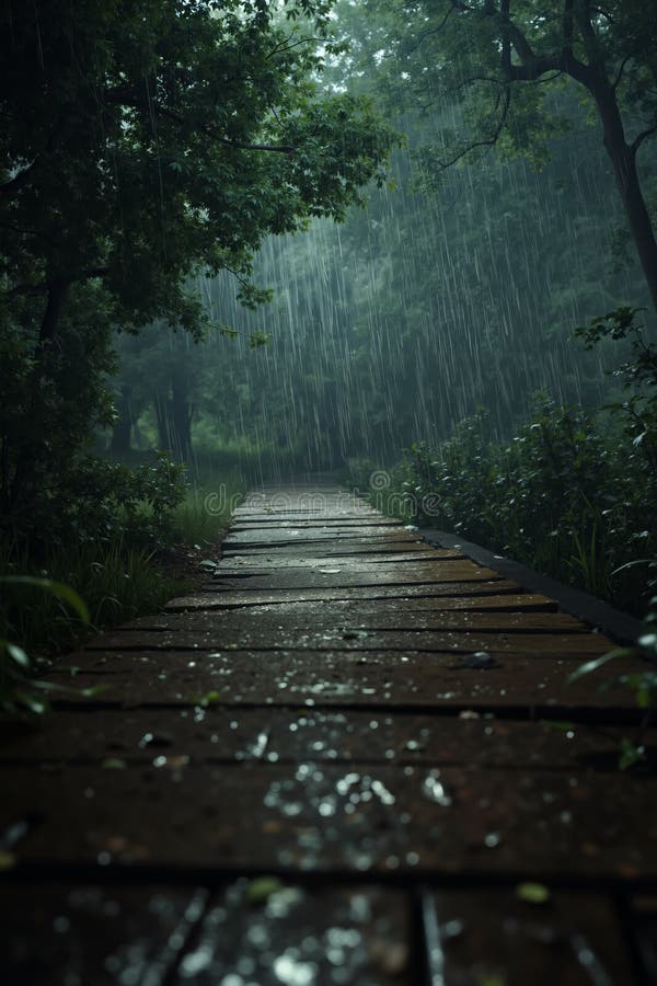 A Wooden Walkway in the Middle of a Forest in the Rain Stock Image ...