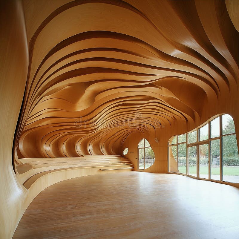 Wooden Wall Design with Waves, Modern Lobby Stock Photo - Image of wall ...