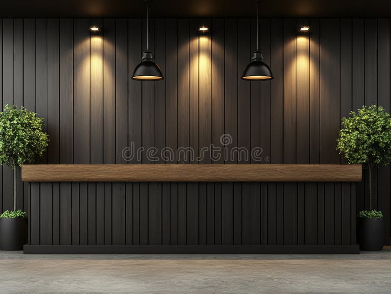 A Wooden Wall Serves As the Backdrop for a Bar with Four Black Stools ...