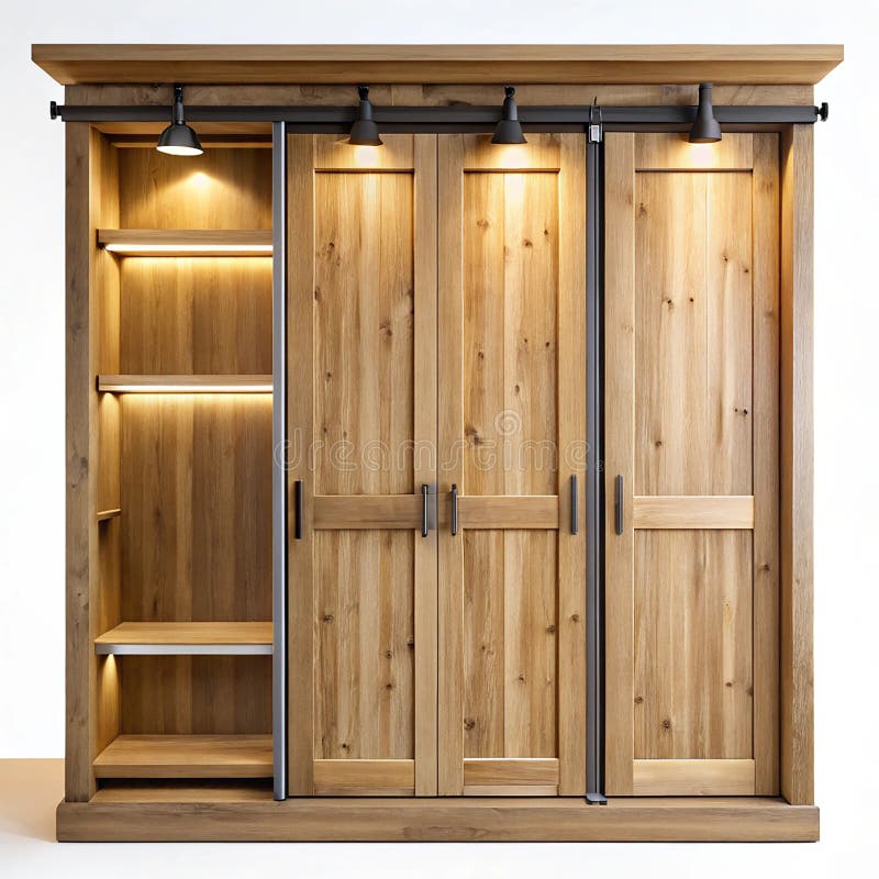 Wooden Wardrobe with Sliding Barn Doors and LED Lighting Stock ...