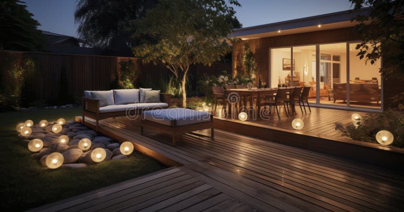 Wooden Warmth - Embracing the Night on a Modern Backyard Patio ...