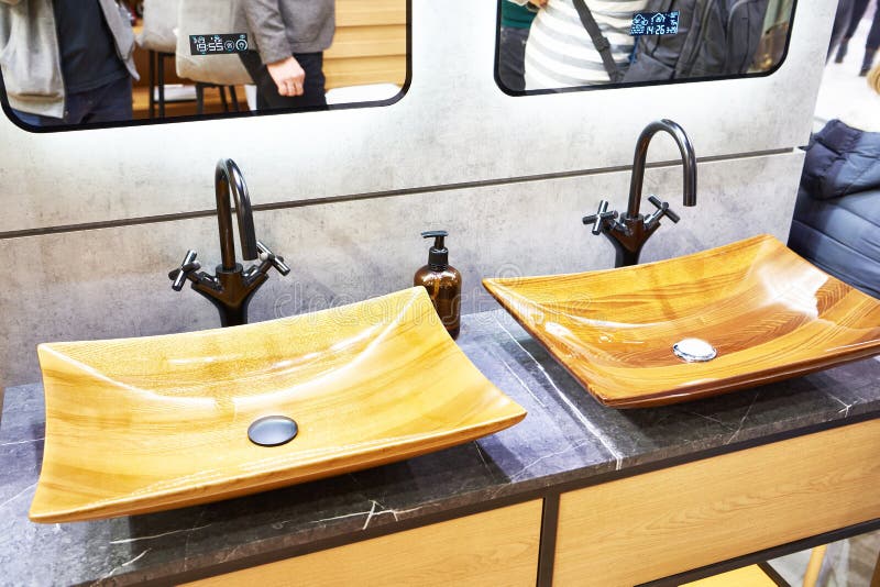 Wooden Wash Basin in Interior Bathroom Stock Photo - Image of glamour ...