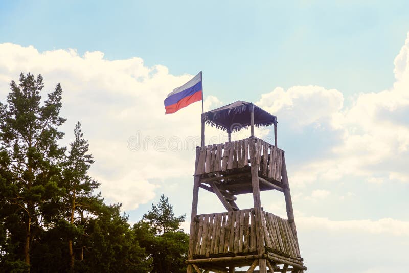 Wooden Watch Post Tower with the Flag of Russia Stock Image - Image of ...