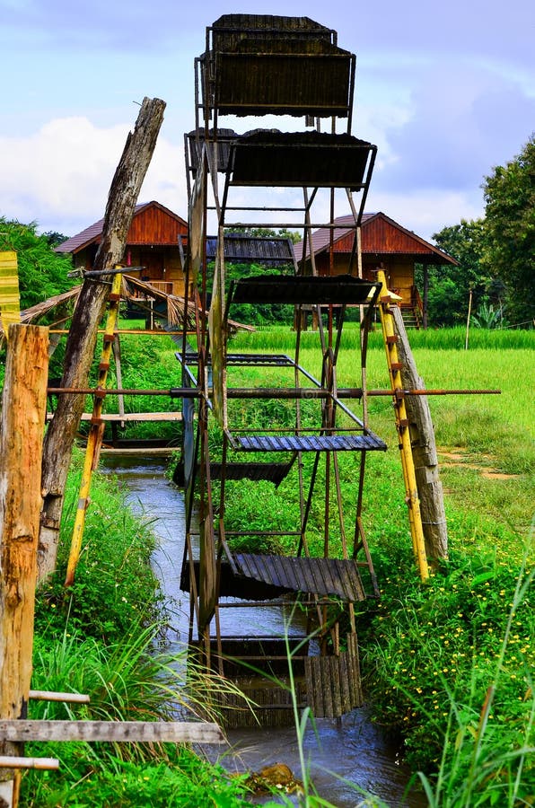 Wooden Water Wheel in Rice Field Stock Photo - Image of wheelin, plant ...