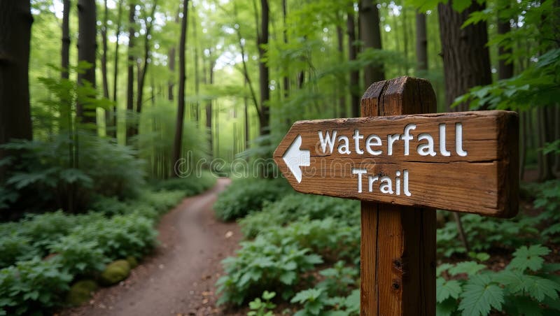 Wooden Waterfall Trail Sign in Lush Forest Setting with Filtered ...