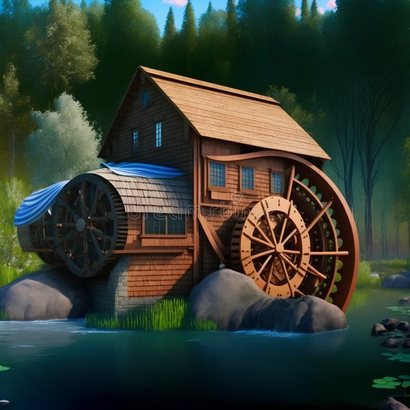 Wooden Watermill in the Forest - 3d Rendered Illustration. Stock ...