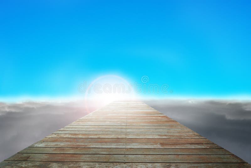 Wooden Way Direct To Sun with Cloudy Below and Blue Sky Stock Photo ...