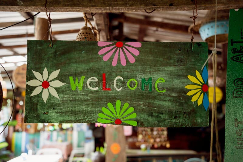 Wooden Welcome Sign Board in Tropical Cafe Stock Image - Image of ...