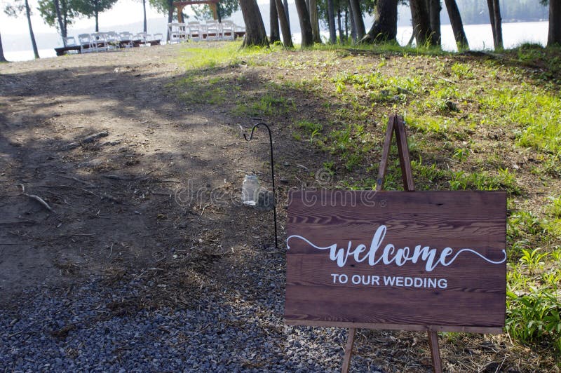 Wooden Welcome To Wedding Sing Outside on Rustic Path Stock Image ...