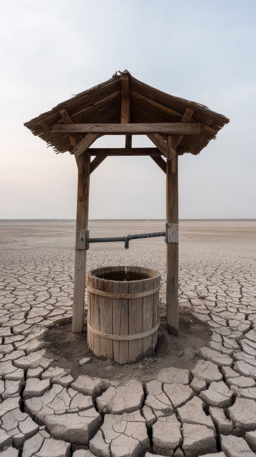Wooden Well Stands on Cracked Earth Under Clear Sky Stock Illustration ...