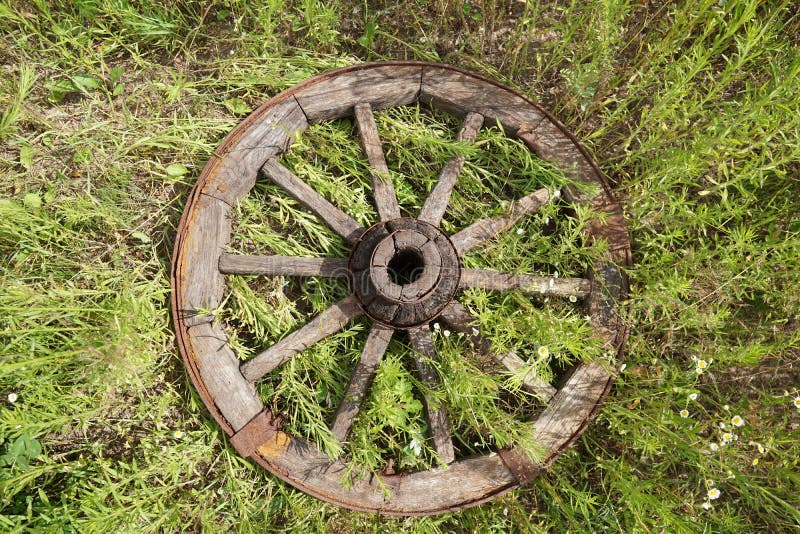 Wooden Wheel on a Background of Green Grass Stock Photo - Image of ...