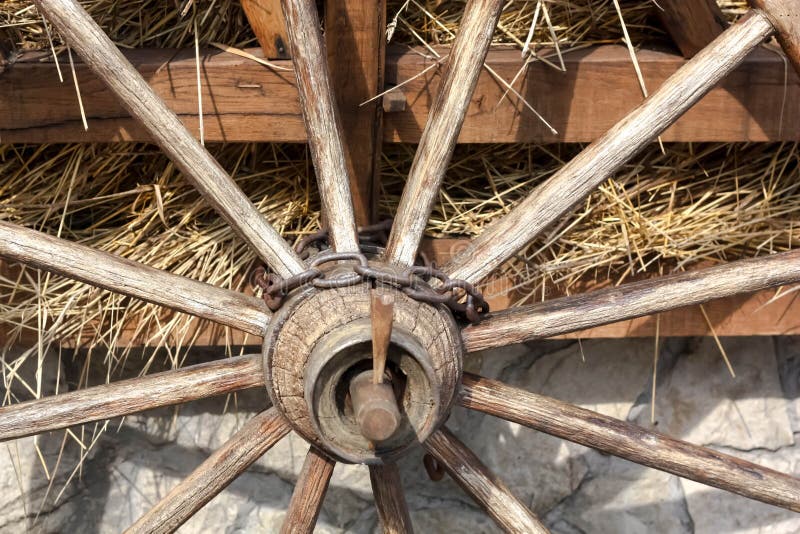 Old wooden ox cart wheel stock image. Image of wall - 146219237