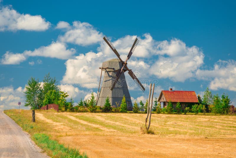 Wooden Windmill in the Countryside Stock Photo - Image of meadow ...