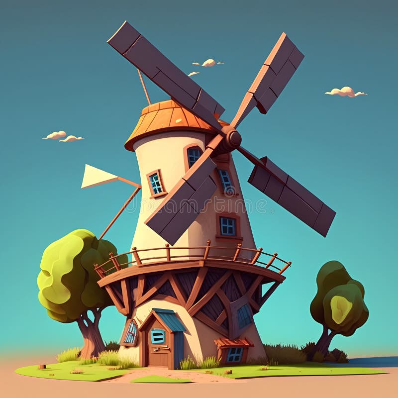 Wooden Windmill in the Countryside. Vector Illustration of a Cartoon ...