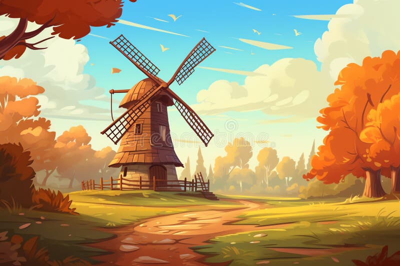 A Wooden Windmill Vector Fall Background Stock Illustration ...